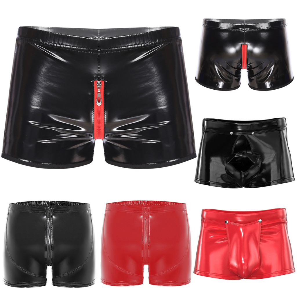Yeahdor Mens Glossy Patent Leather Boxer Shorts Elastic Waist Zipper ...