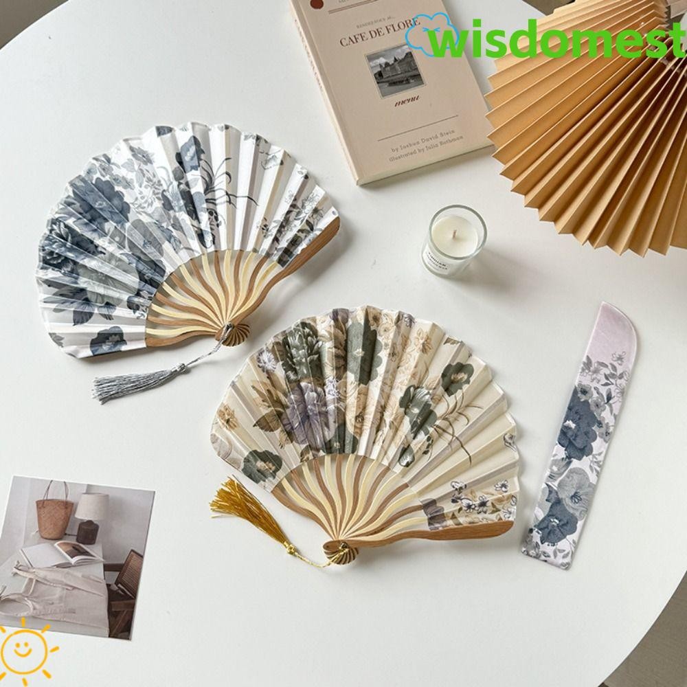 WISDOMEST Hand Fold Fan, Portable Dance Props Silk Flower Folding Fan, Bamboo Wood Woman Men ...