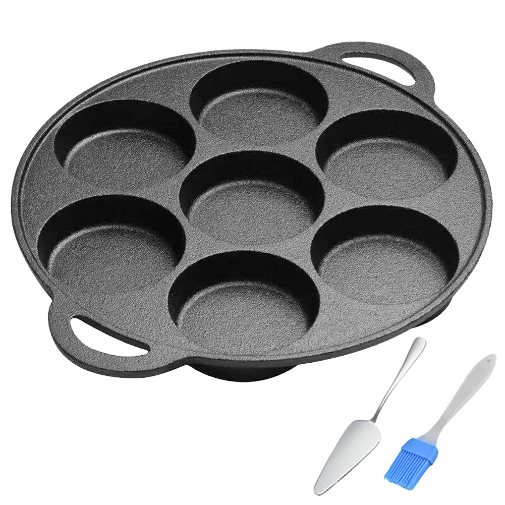 7-Cup Cast Iron Pancake Pan Non Stick Egg Cooker with Brush for Oil ...