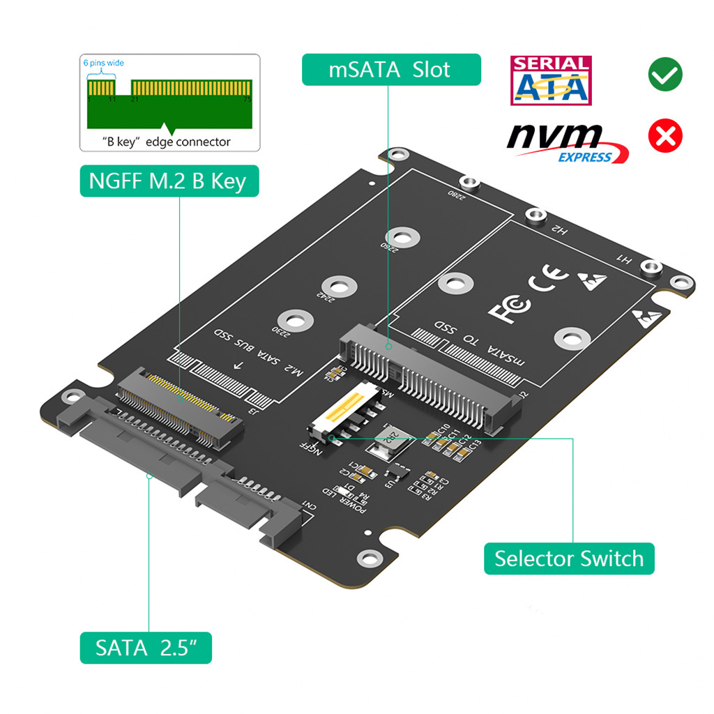 For M.2 NGFF Key B & mSATA SSD To 2.5 SATA3 6Gbps Adapter Card with ...