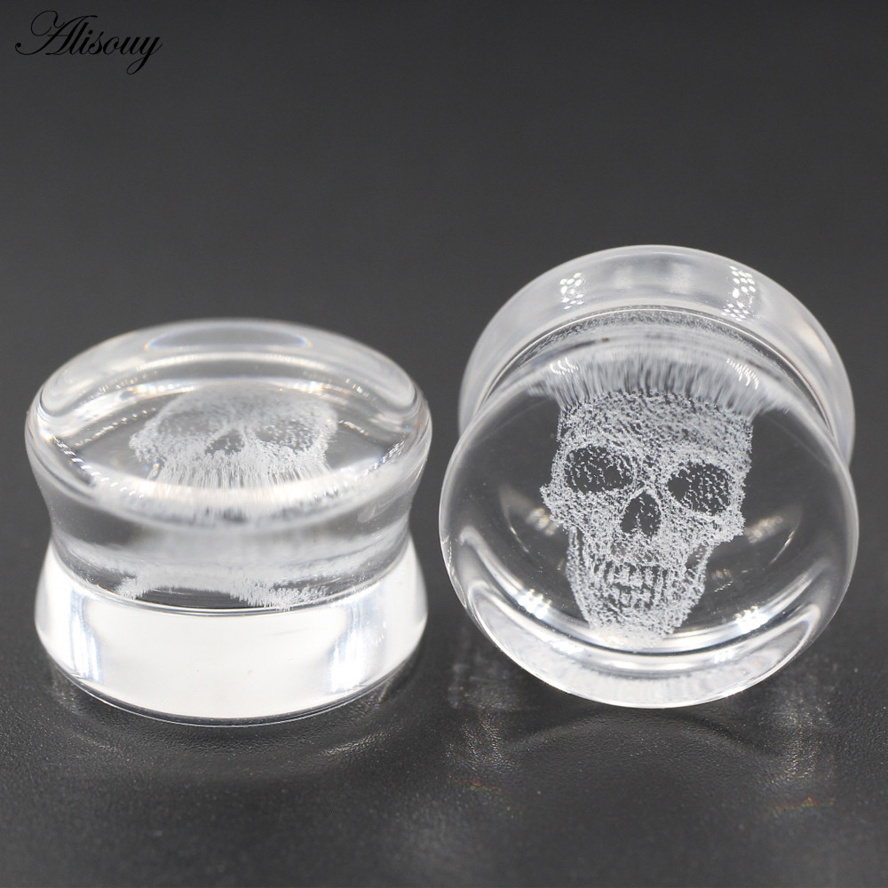 Alisouy 2 pieces New Transparent Glass Skull Flared Ear Tunnels Plugs ...