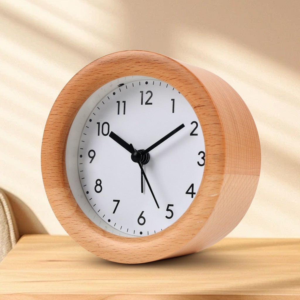 Solid Wooden Clock Classic Analog Alarm Clock Battery Operated Non ...