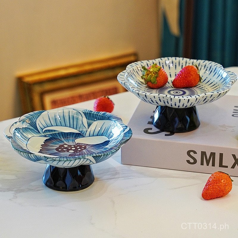 Pastry Dessert Plate Tea Snack Blue and White High-foot Fruit Plate Nut ...