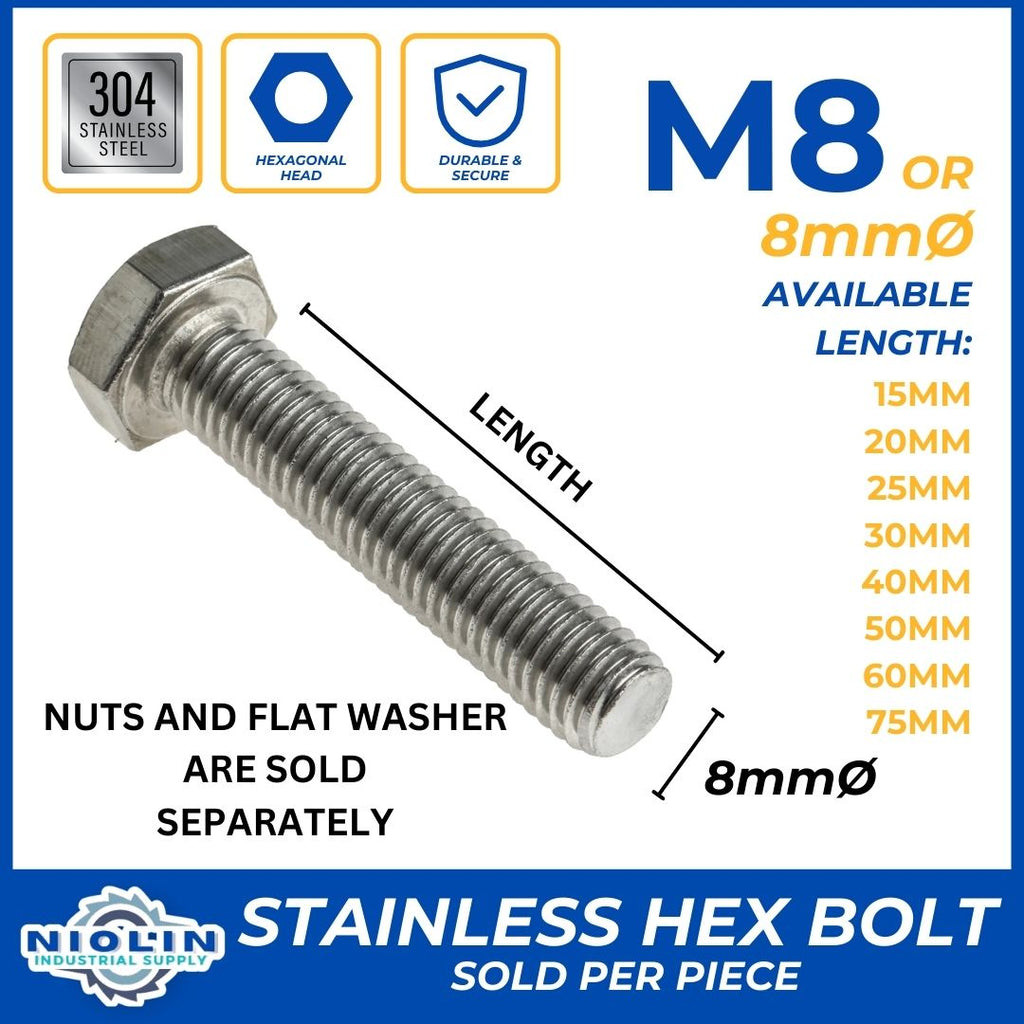 8MM STAINLESS HEX BOLT (NUTS & FLAT WASHER SOLD SEPERATELY) | Shopee ...
