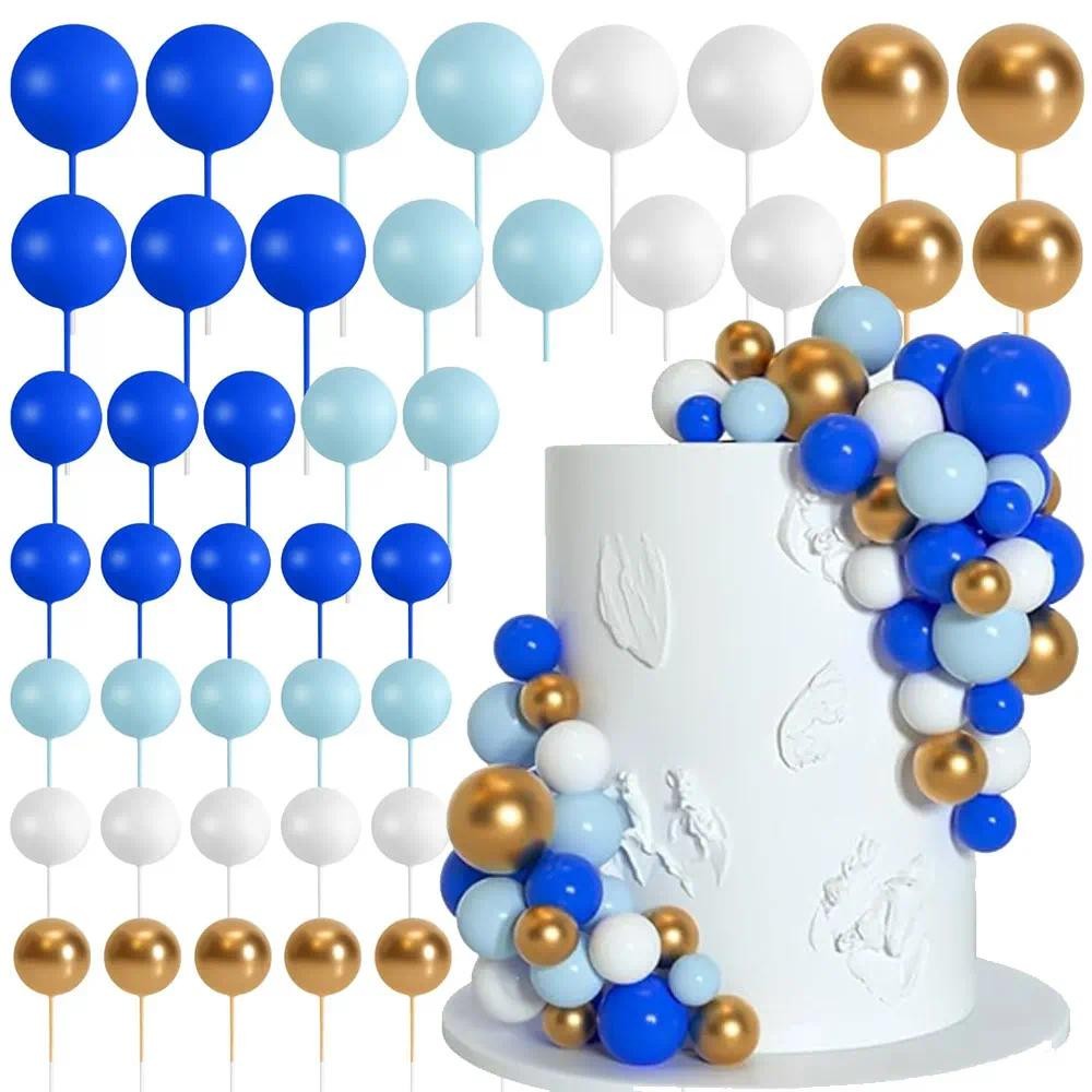 60Pcs Blue Balls Cake Toppers Insert White Gold Baby Navy Blue Cake ...