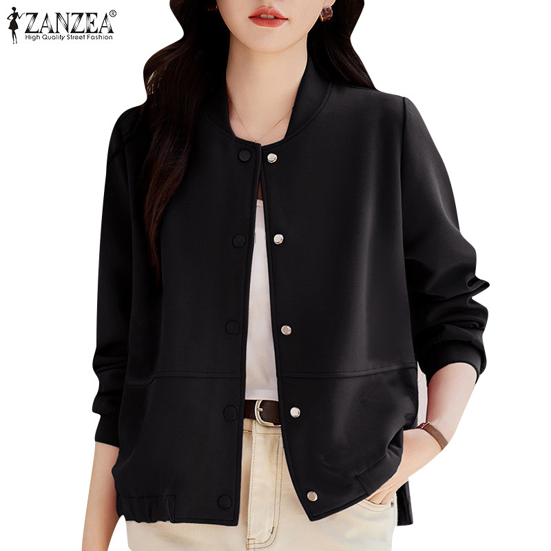 ZANZEA Women Korean Fashion Casual Long Sleeve Stand Collar Solid Color ...