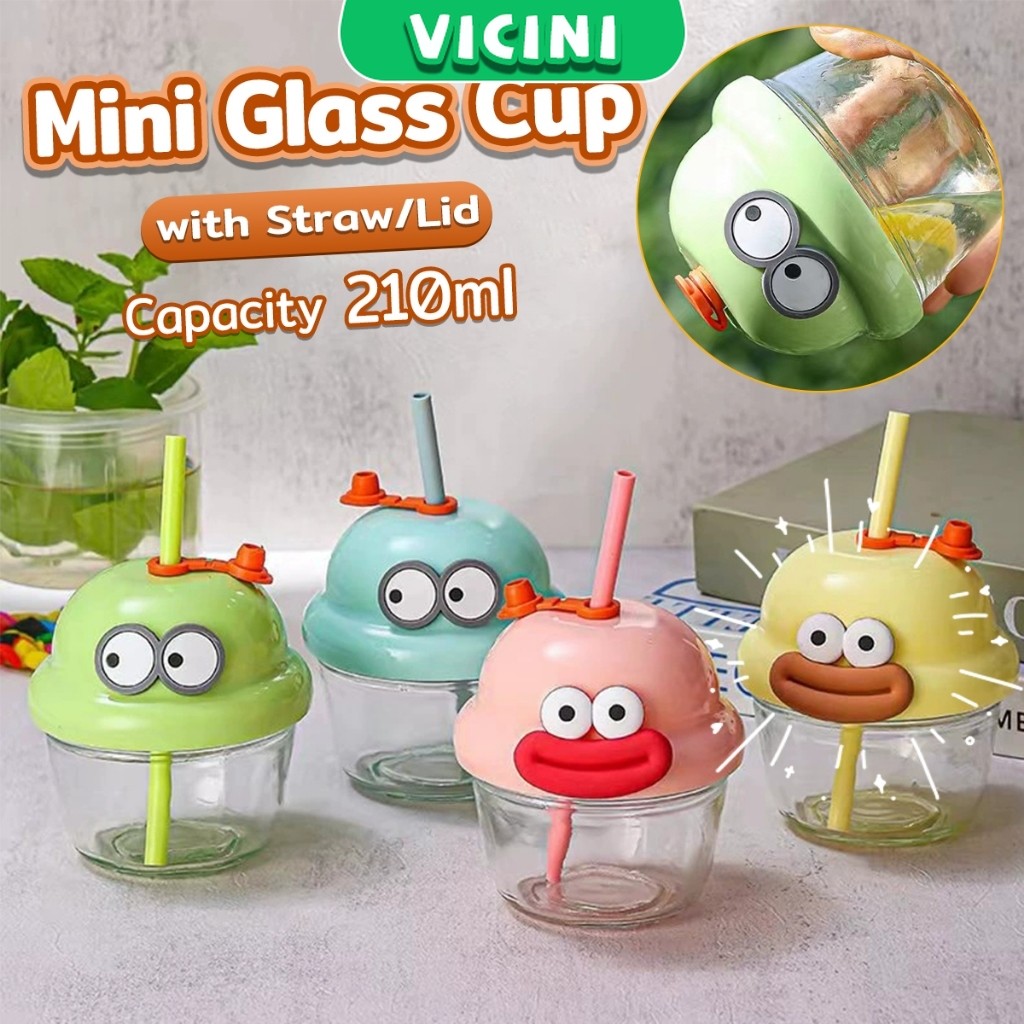 210ml Mini Glass Cup with Lid and Straw Cartoon Glass Milk Juice Cup ...