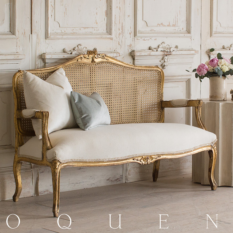 Antique Gold Rattan Art Sofa French Solid Wood Carved Sofa Vintage ...