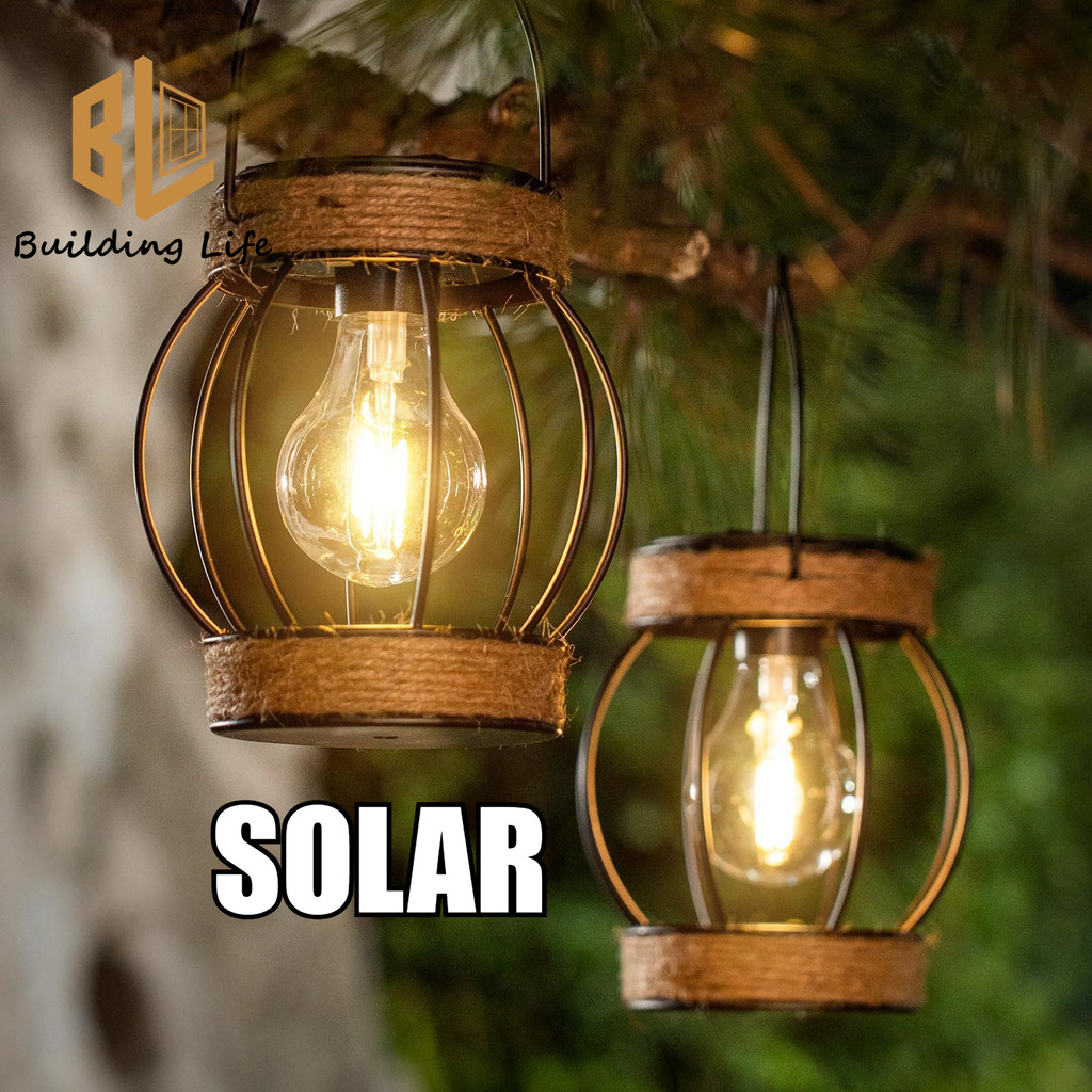 Solar Light Outdoor Waterproof Lanterns with Bulb Hanging Retro Hand ...