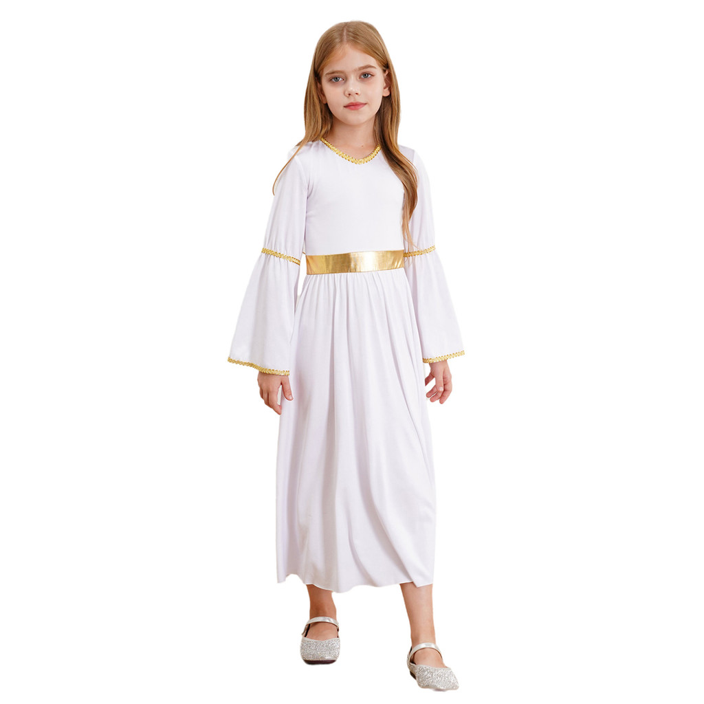 Kids Girls Halloween Angel Goddess Cosplay Costume Long Sleeve Gold ...