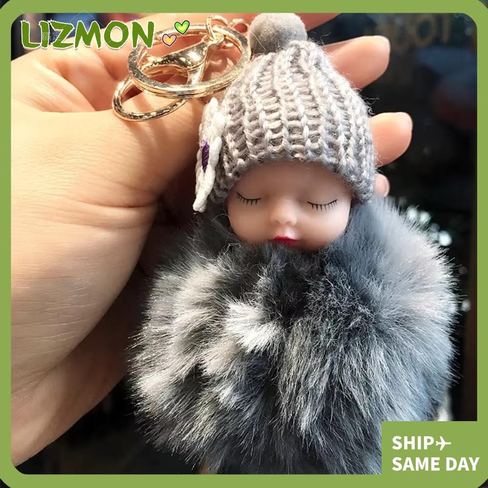 LIZMON Sleeping Baby Keychain, Pompom Fur Ball Keyholder, Cute Fluffy ...