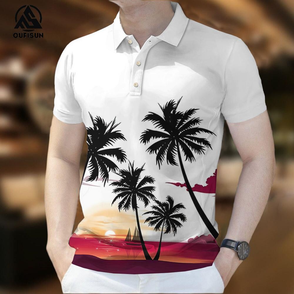 Casual Men's Polo Shirt Coconut Tree Pattern Men's Polo Shirt Hawaiian ...