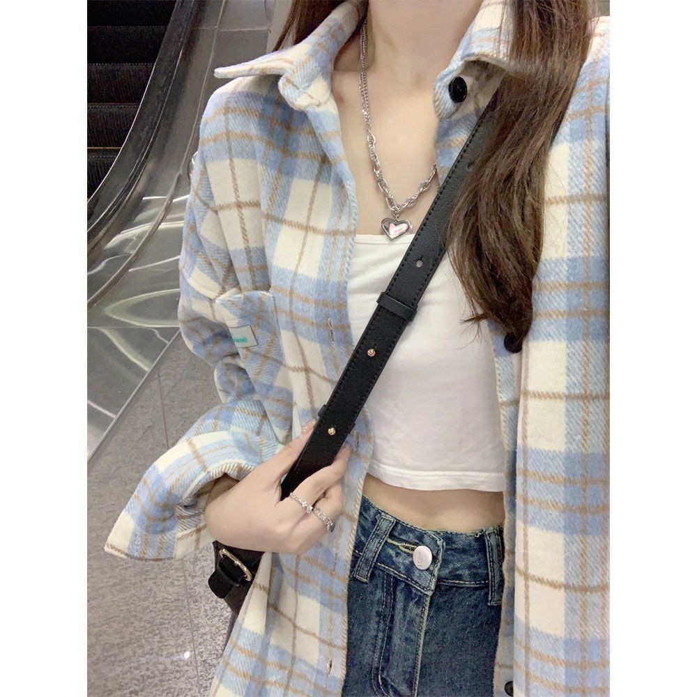 Light Blue Plaid Shirt Women Spring Autumn Sweet Chic Student Top ...