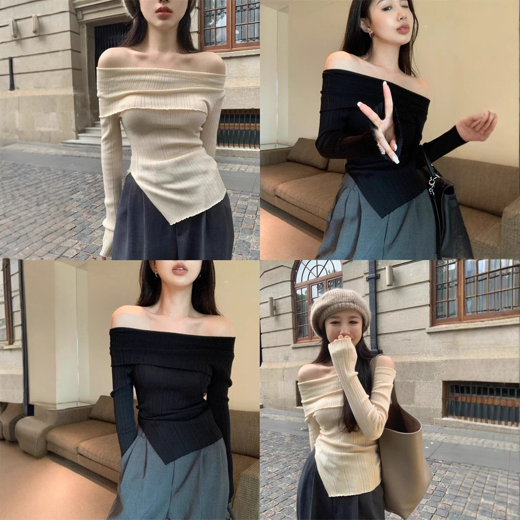 Women Off Shoulder Long Sleeve Knitted Base Shirt Sexy Irregular Slim Short Knitted Top | Shopee ...