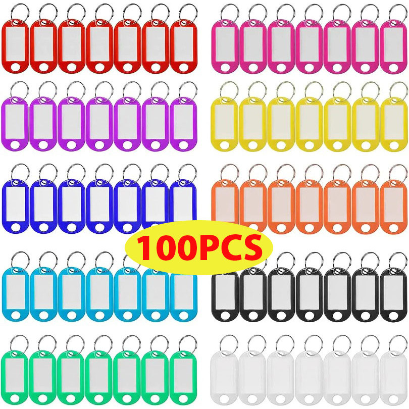 100 Pcs Plastic Keychain Key Tags ID Label Name Tags Split Ring ...
