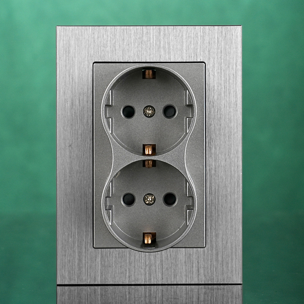 European Standard Wall Socket Aluminum Brushed Panel Dual German Plug ...