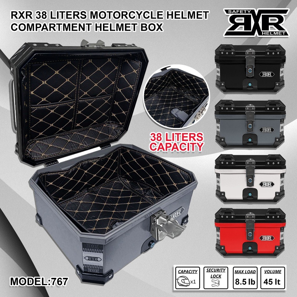 RXR 38L Liters HARD PLASTIK TOP BOX Motorcycle Compartment Box Helmet ...