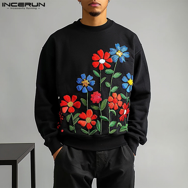 INCERUN Men Vintage Fashion Floral Print Casual Round Neck Long Sleeve ...