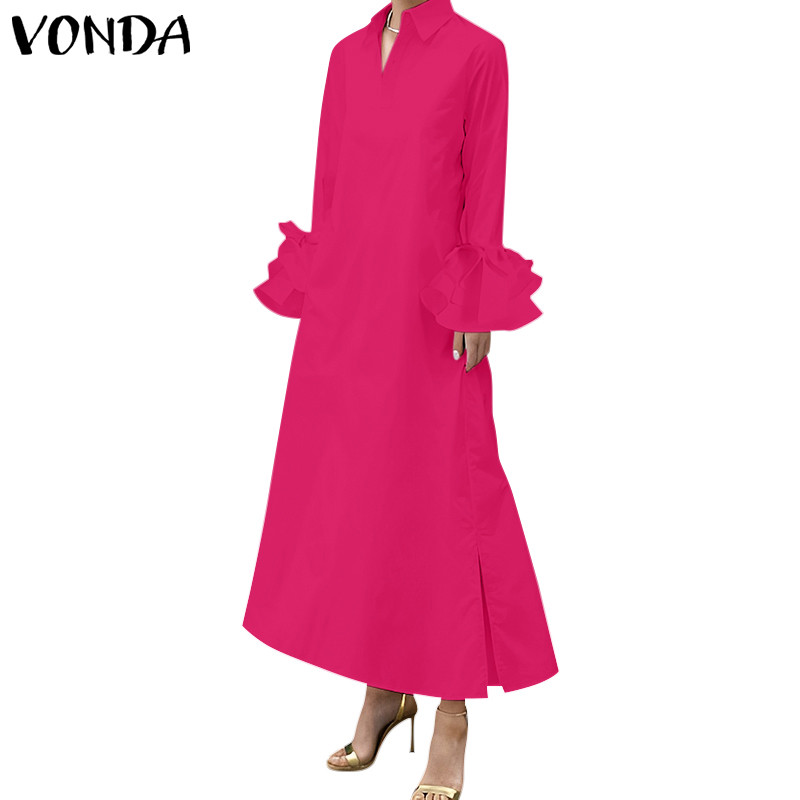 VONDA Women Vintage Fashion Lapel Ruffle Solid Color Calf-Length ...