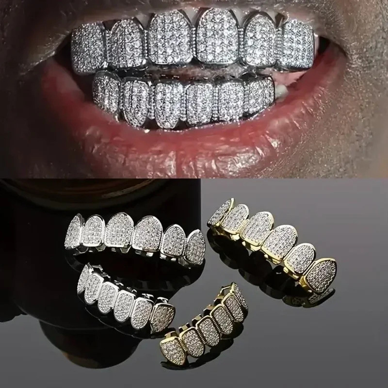 Teeth Grillz Set for Unisex Top Bottom Mouth Silver Color Teeth Grills ...
