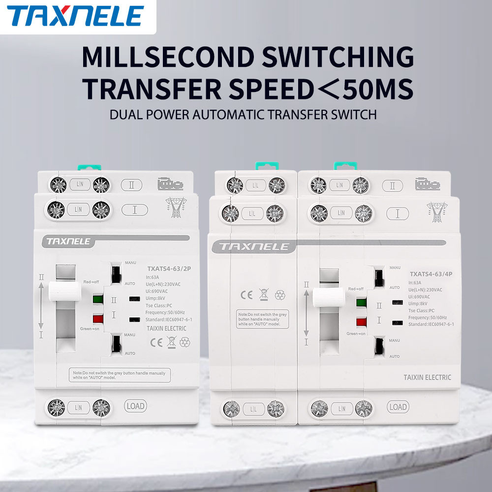 Taxnele Din Rail 63A ATS Dual Power Automatic Transfer Switch Electrical Selector Switches 2P 4P ...