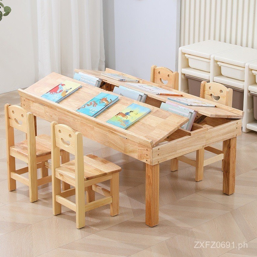 Children's Solid Wood Library Table Kindergarten Desk and Chair ...