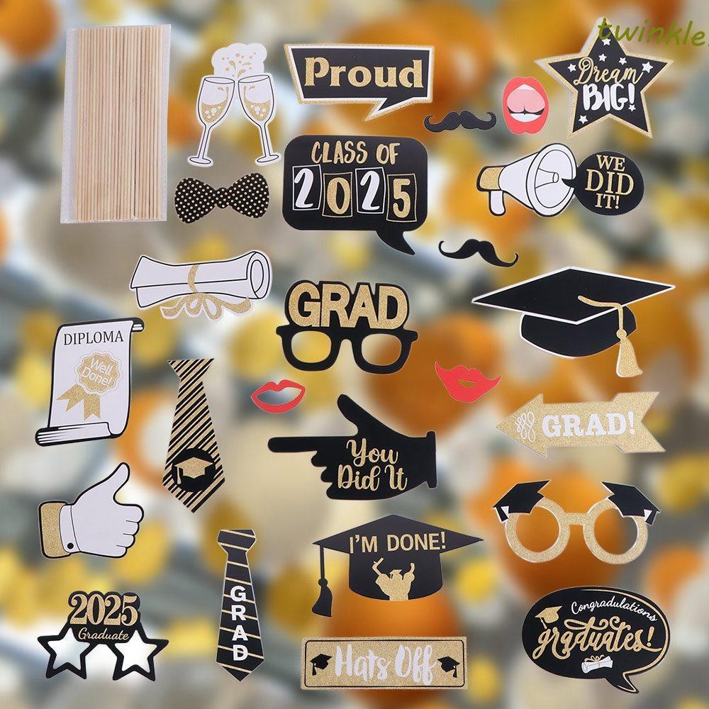 TWINKLE1 25pcs Graduation Photography Props, Congratulation Black Gold 2025 Photo Booth Props ...