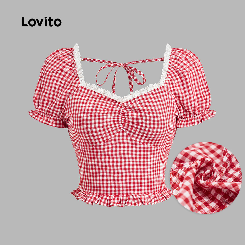 Lovito Women Preppy Plaid Fabric Stitching Lettuce Trim Blouse ...