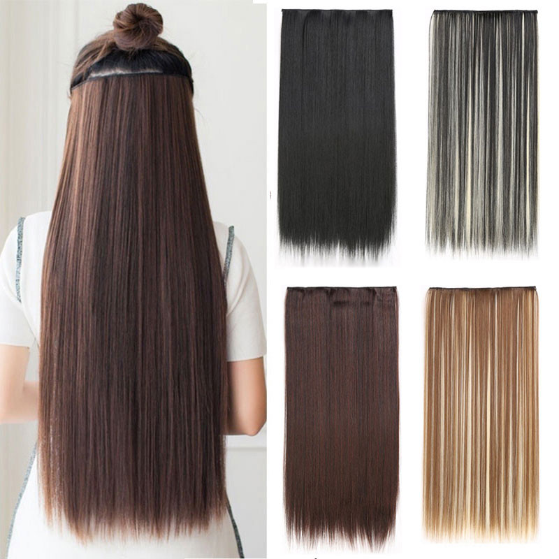 Long Straight 5 Clips in one Piece Synthetic Hair Extension Wig for ...