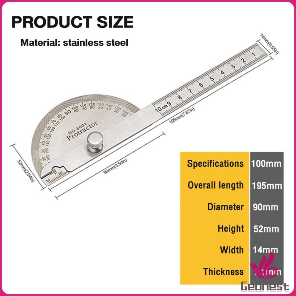 Geonest Stainless Steel Protractor Adjustable Roundhead Ruler 180 ...