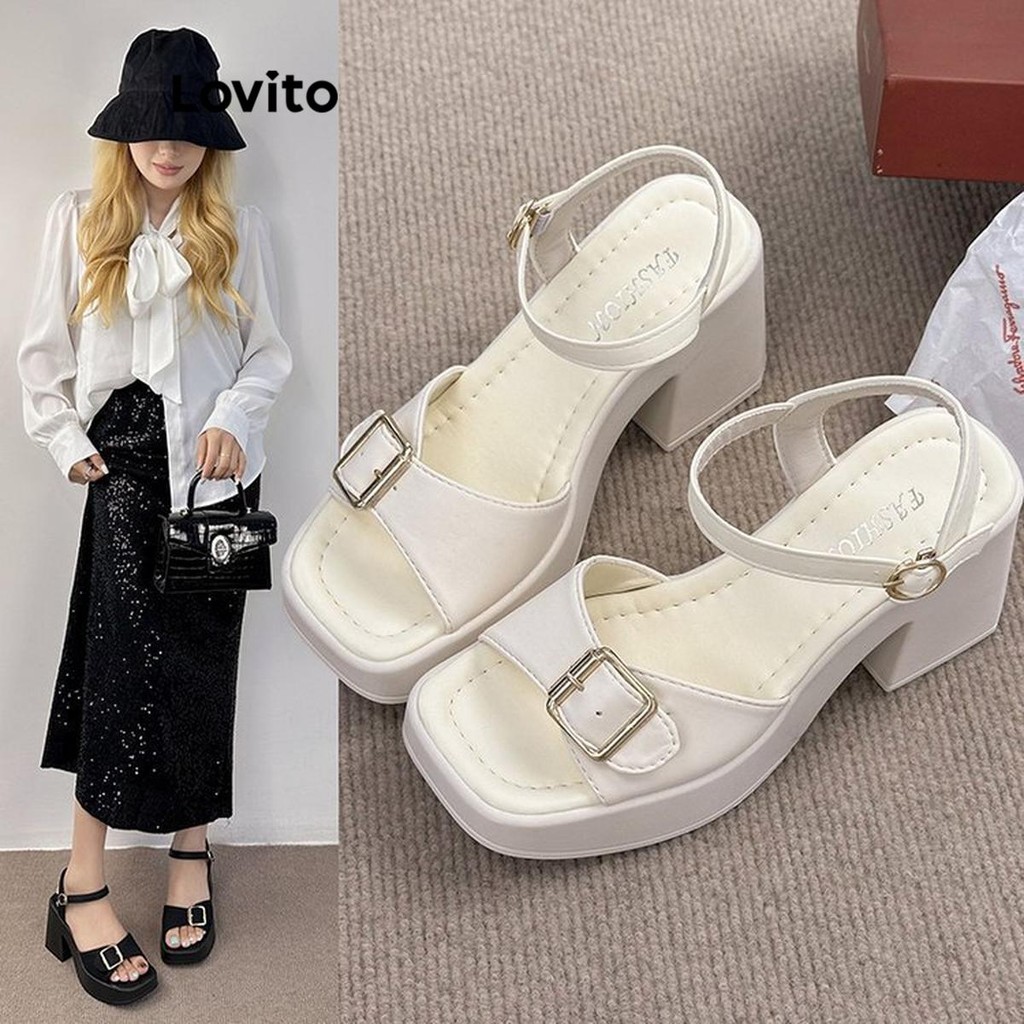 Lovito Women Elegant Plain Buckle Block Heel Simple Thick Sole Heel ...