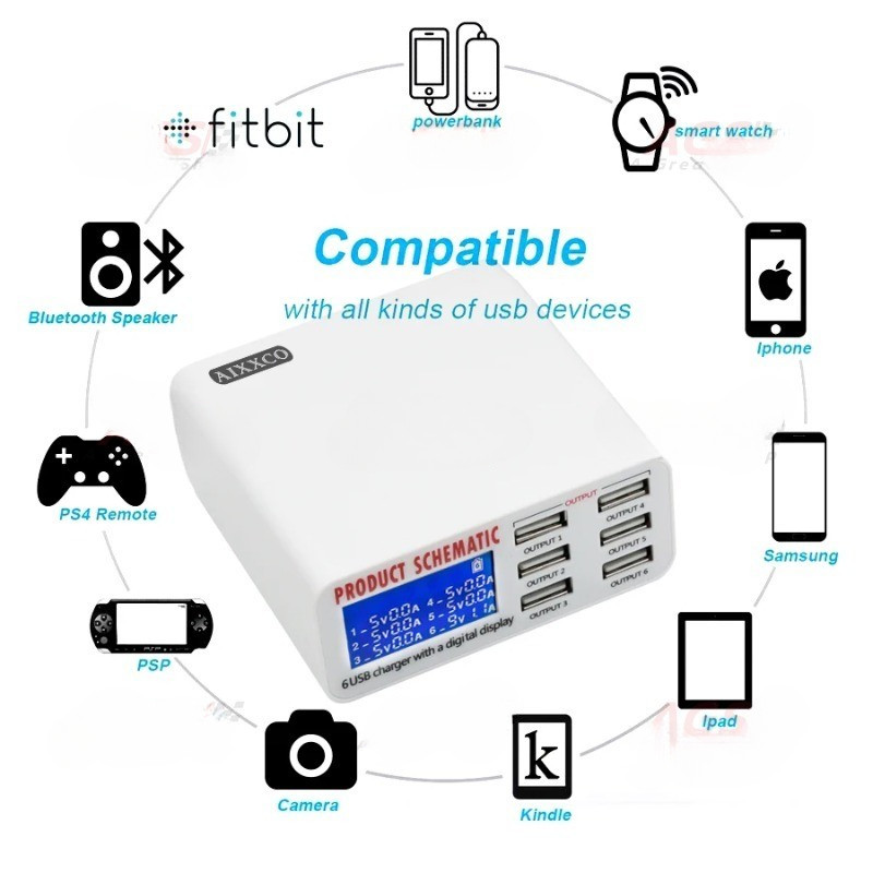 6 USB Port Charger with DIGITAL Digital Display Fast Charger USB ...