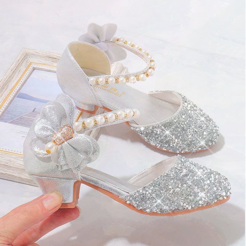 Crystal Shoes for Girls Show High Heels Leather Shoes Silver Princess ...