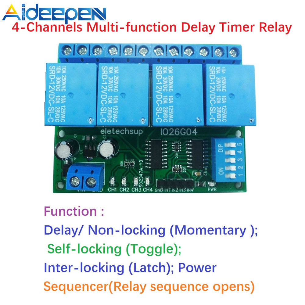 PP+Aideepen 4 Channel DC 5V /12V /24V DIP Switch Delay Relay Module Trigger Latch Bistable Self ...