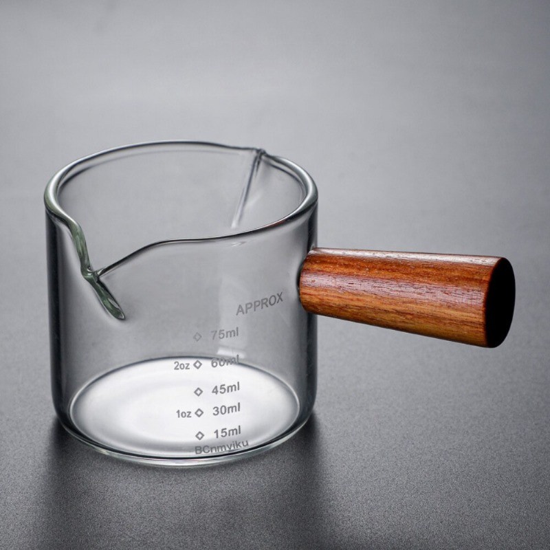 75 ml Espresso shot Glass Measuring Cup wooden handle Double Spout ...