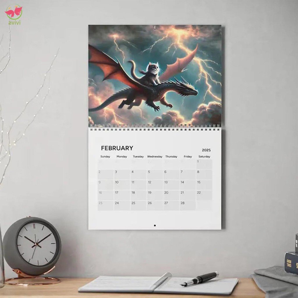 2025 Monthly Cat Dragon Rider Calendar Wire-Binding Wall Calendar With ...