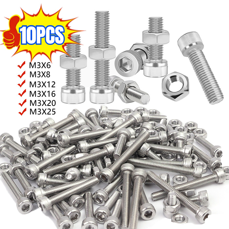 10Pcs M3 Stainless Steel Bolts Hexagon Head Screw Nuts Set Flat Cap ...