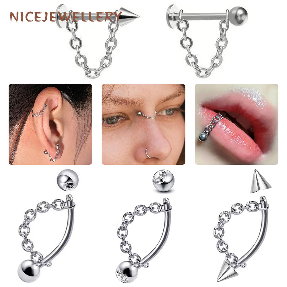 Stainless Steel Bridge Piercing 1 PC Chain Earring Stud Curved Barbell ...