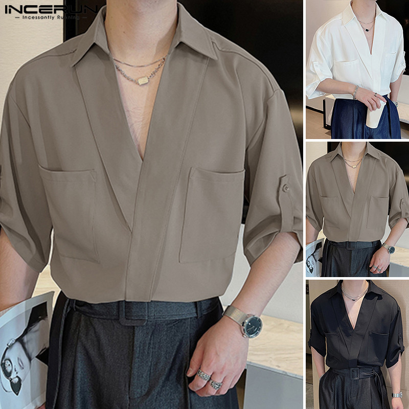 INCERUN Men Korean Casual Solid Color Loose Pocket Half Sleeve Shirts ...