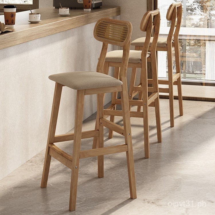 Solid Wood Bar Stool Nordic Rattan High Stool Bar Stool Household ...