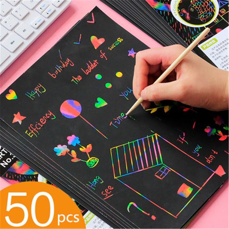 50Pcs Rainbow Magic Scratch Paper 32K for Kids Black Scratch Off ...