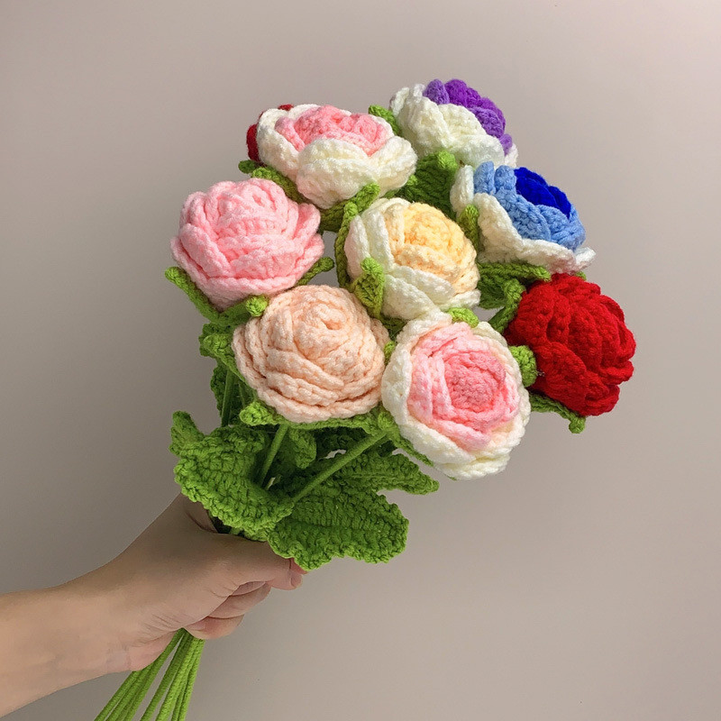 Hand Knitted Flower Yarn Crochet Rose Flowers Hand Craft Bouquet ...