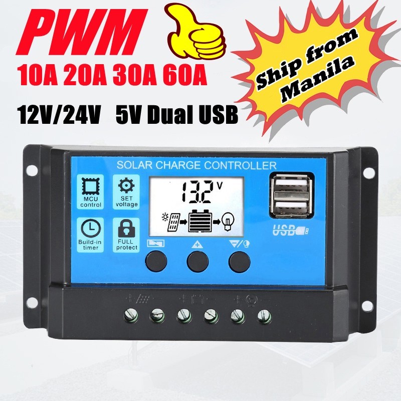 Pcbfun 10/20/30/40/50/60A PWM LCD Display USB Solar Panel Regulator Charge Controller battery ...