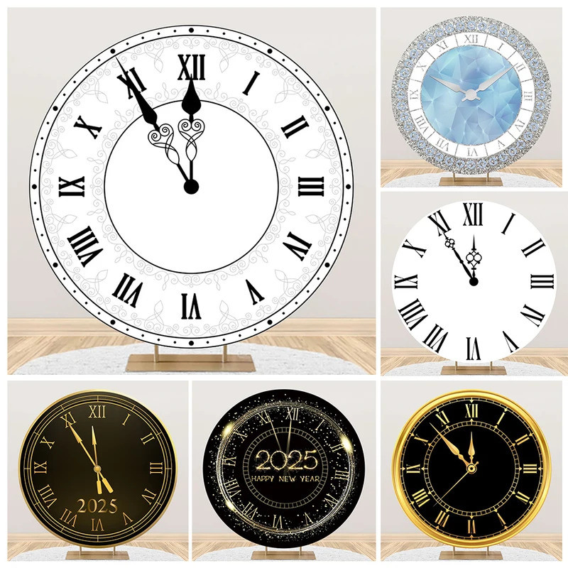 White Clock Round Backdrop Cover Christmas Countdown Happy New Year ...