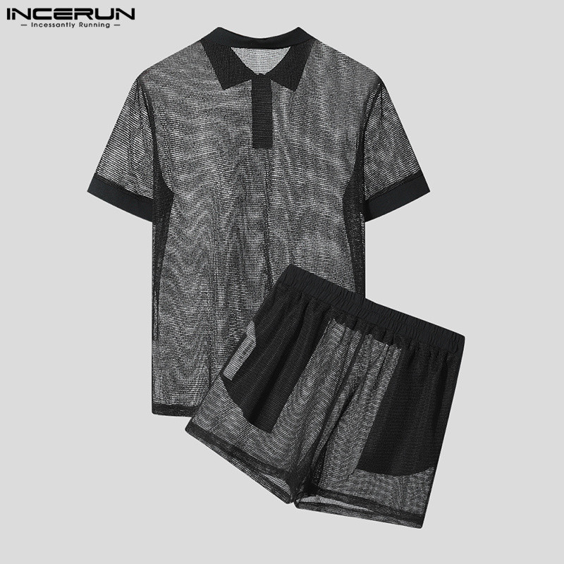 INCERUN Men's Hollow Mesh Collar Short Sleeve Top+Shorts Casual Set ...