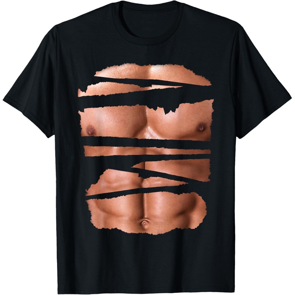 Funny Fake Muscles Fitness Model Chest Six Pack Abs Ripped T-Shirt ...