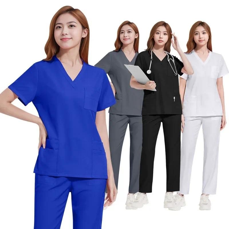 Classic V-neck Nurse Uniforms Short-sleeved Medical Scrub Set Hospital ...