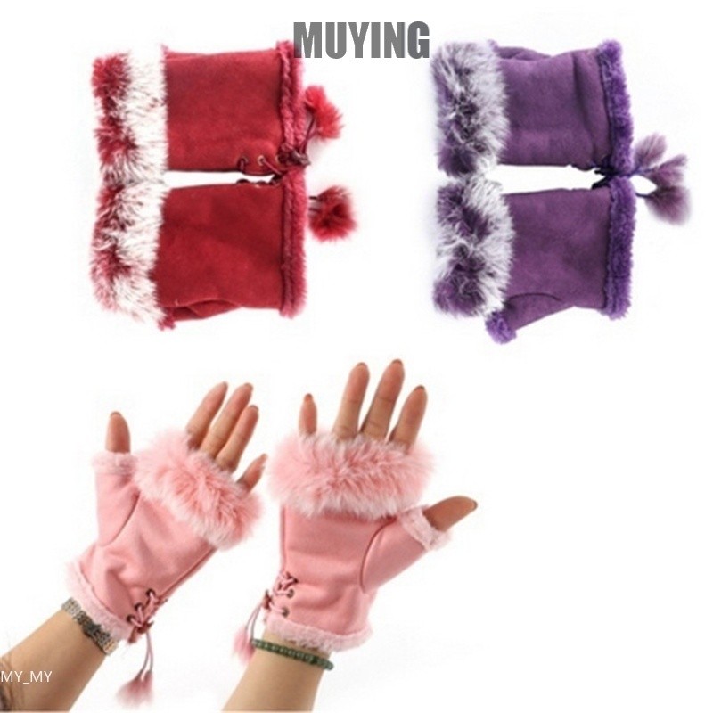Women Faux Rabbit Fur Hand Wrist Warmer Half Finger Gloves Winter Glove ...