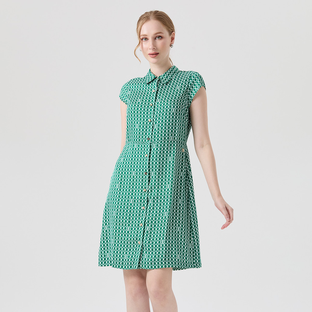 ESPADA Geometric Shirt Dress Knee Length Green | Knee-Length Print ...