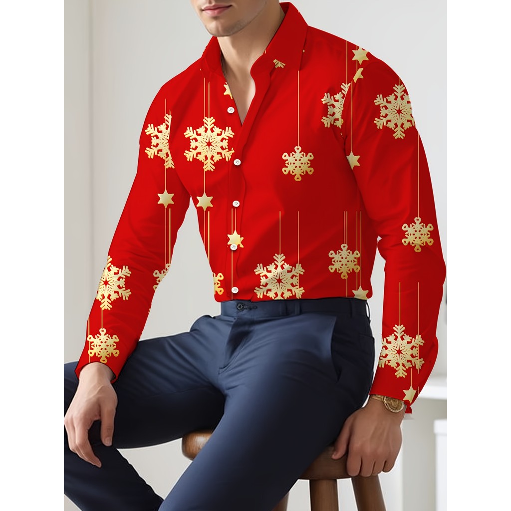 3d Snowflake Print Men's Long-Sleeved Shirt, Casual Clothing, Polyester ...